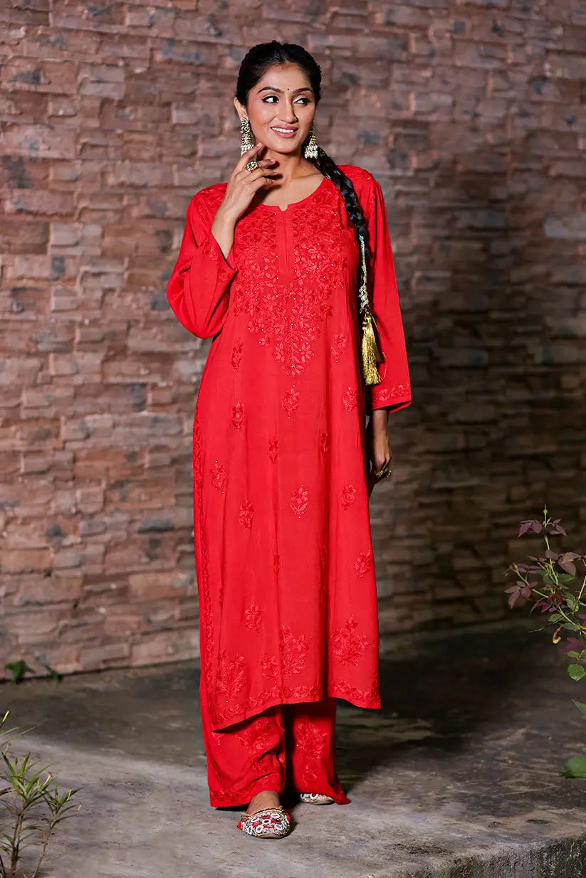 Red Kurta Set with Chikankari and Mukaish Work | Saadgi Collection